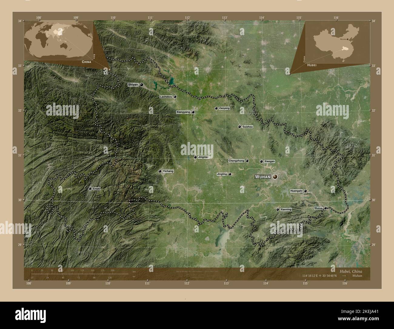 Hubei, province of China. Low resolution satellite map. Locations and ...