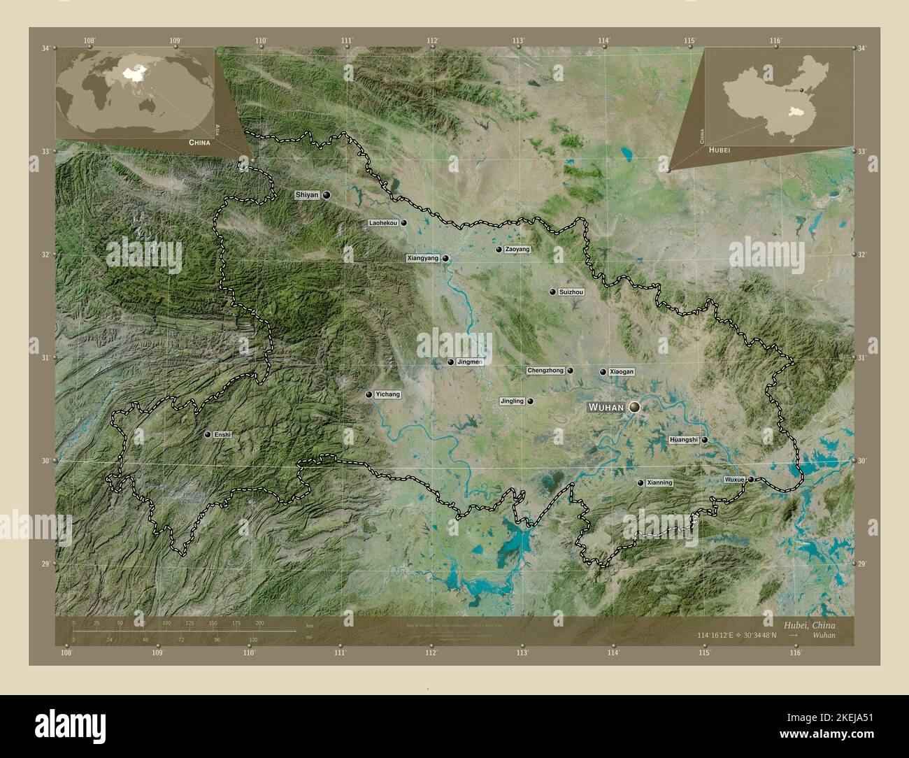 Hubei, province of China. High resolution satellite map. Locations and ...