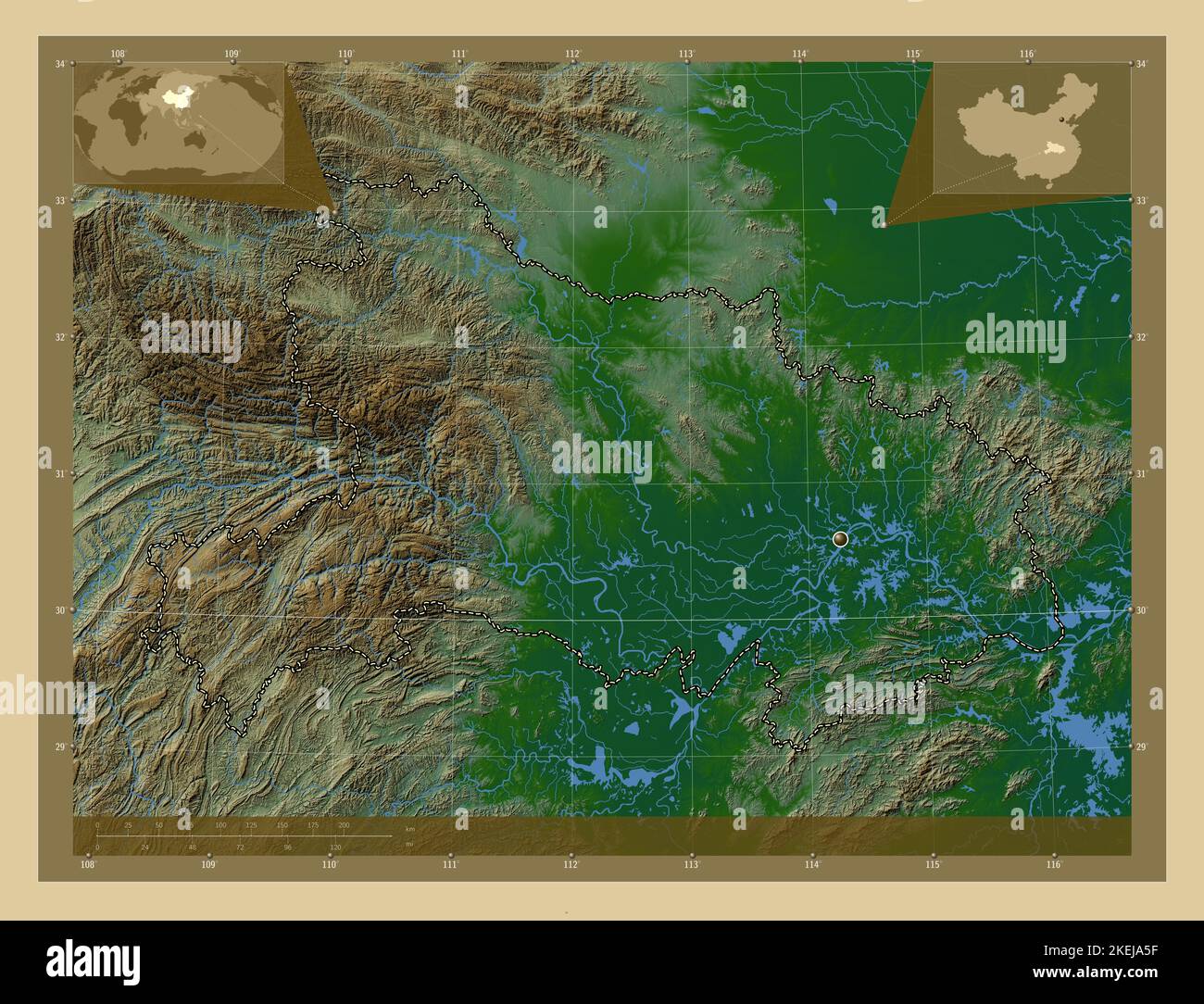 Hubei, province of China. Colored elevation map with lakes and rivers ...