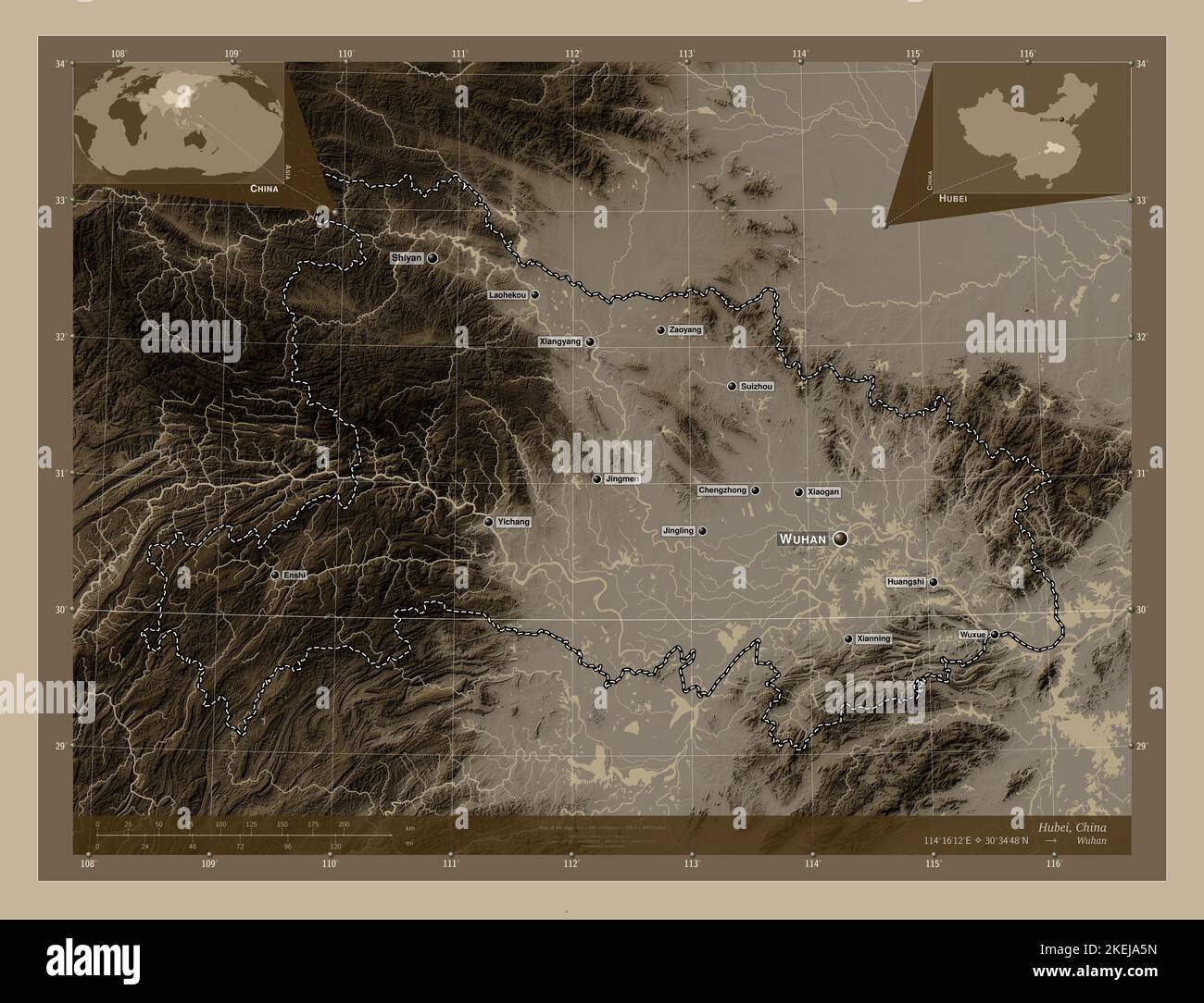 Hubei, province of China. Elevation map colored in sepia tones with ...