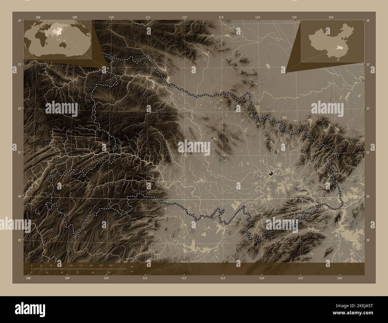 Hubei, province of China. Elevation map colored in sepia tones with ...