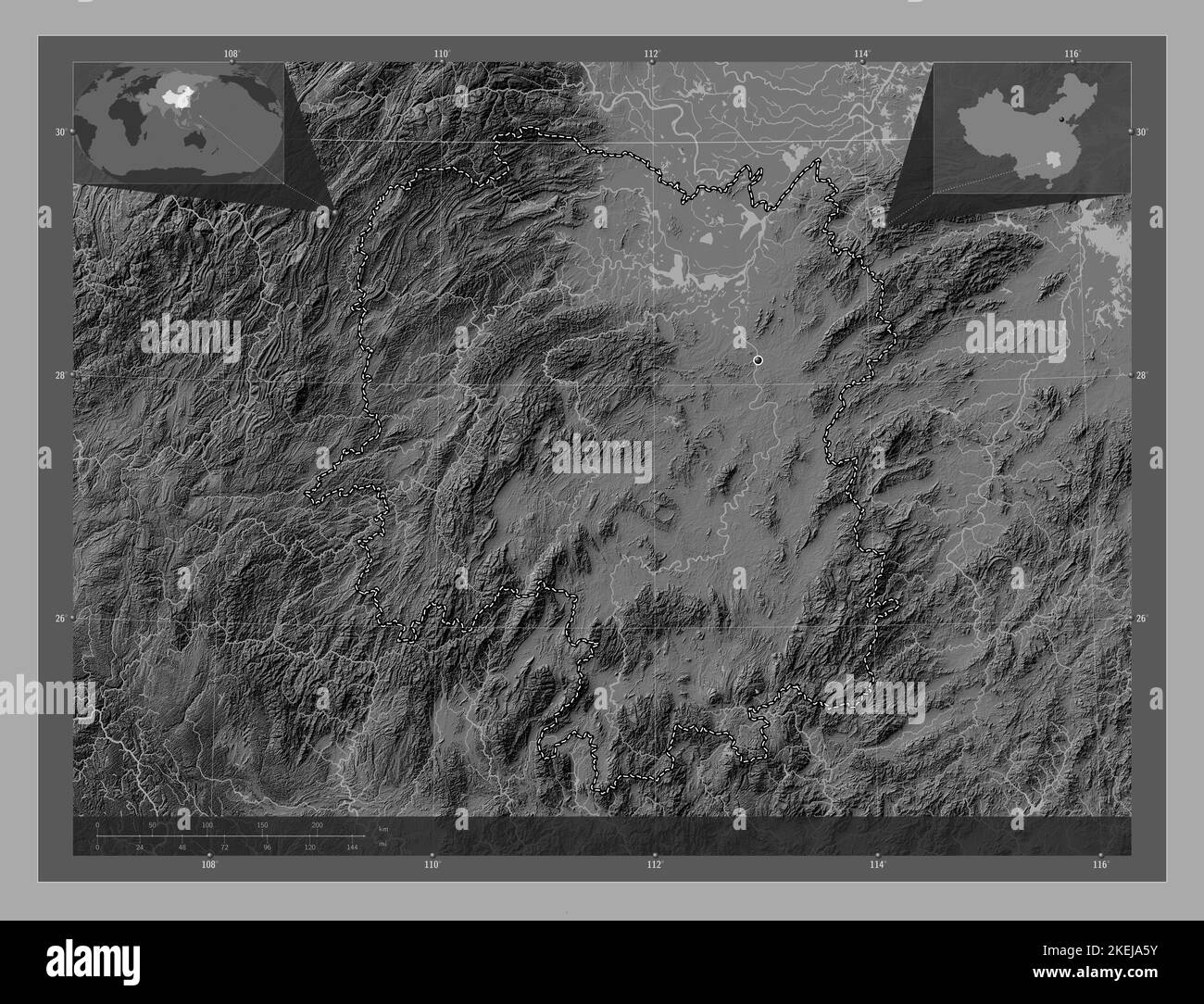 Hunan, province of China. Bilevel elevation map with lakes and rivers ...