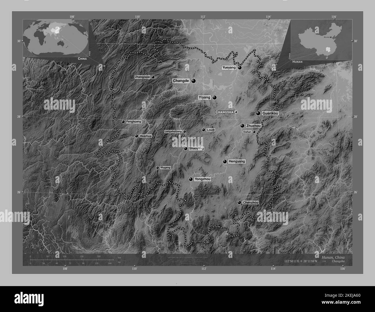 Hunan, province of China. Grayscale elevation map with lakes and rivers ...