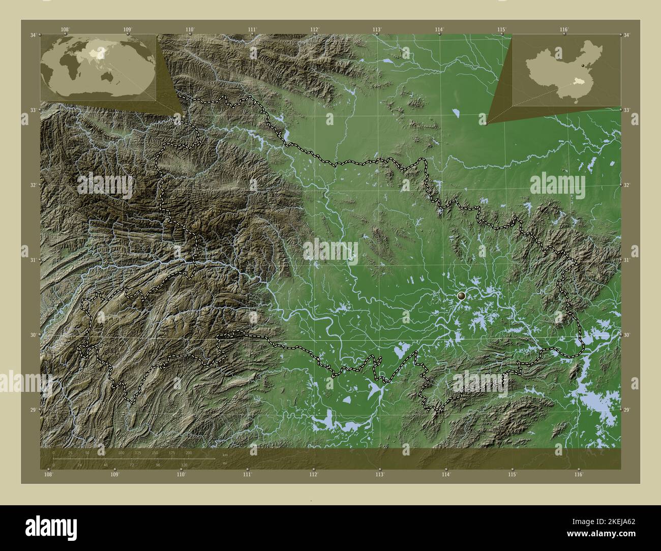 Hubei, province of China. Elevation map colored in wiki style with ...