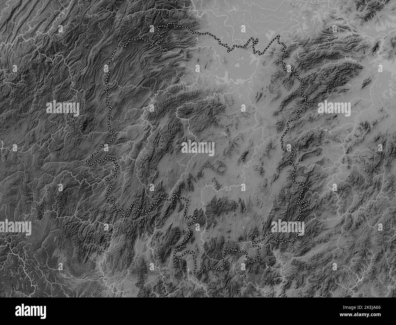 Hunan, province of China. Grayscale elevation map with lakes and rivers ...