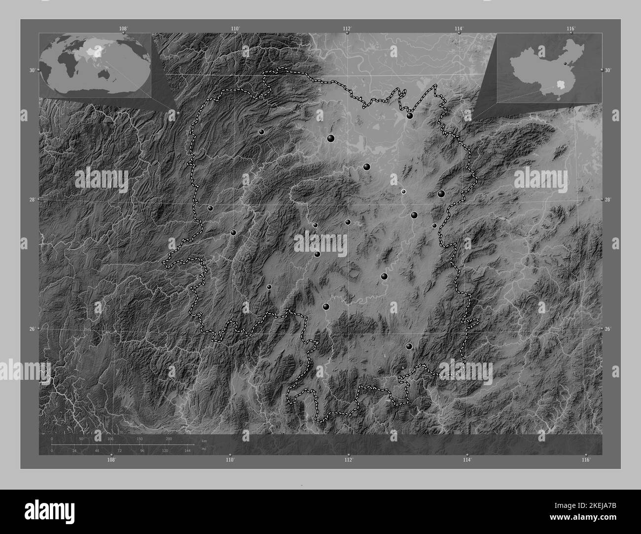 Hunan, province of China. Grayscale elevation map with lakes and rivers ...