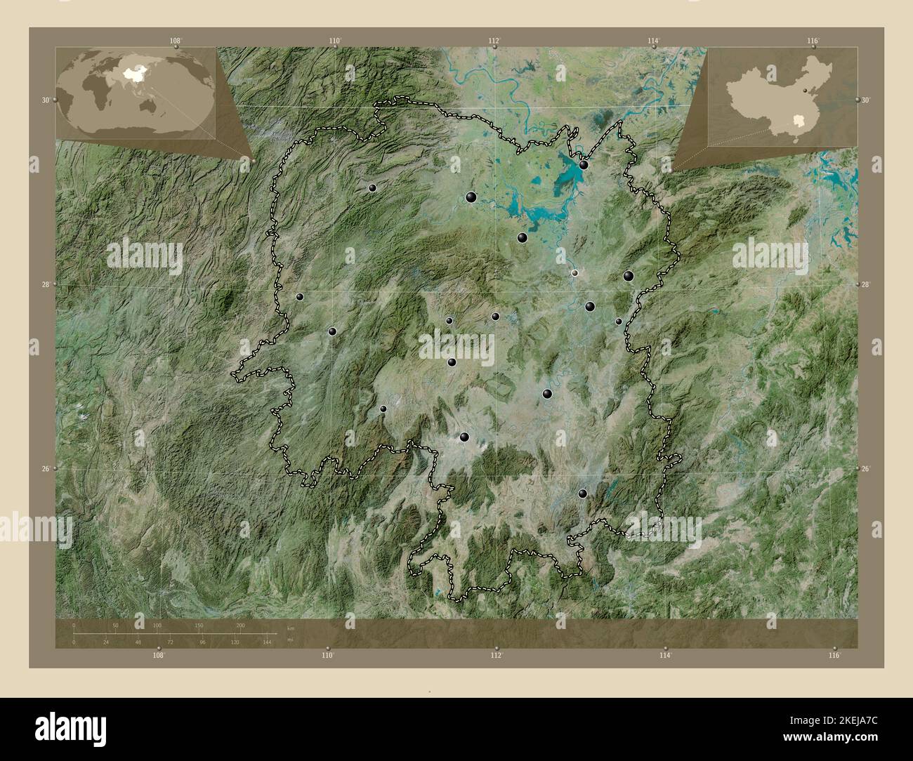 Hunan, province of China. High resolution satellite map. Locations of ...