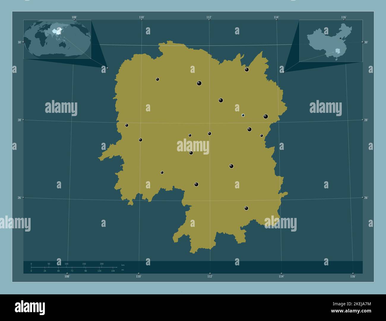 Hunan, province of China. Solid color shape. Locations of major cities ...