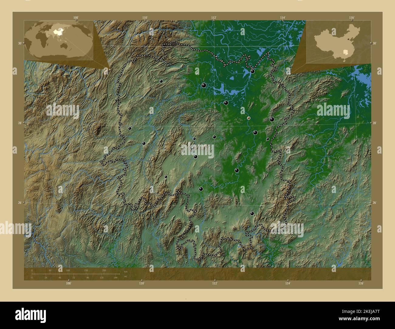 Hunan, province of China. Colored elevation map with lakes and rivers ...