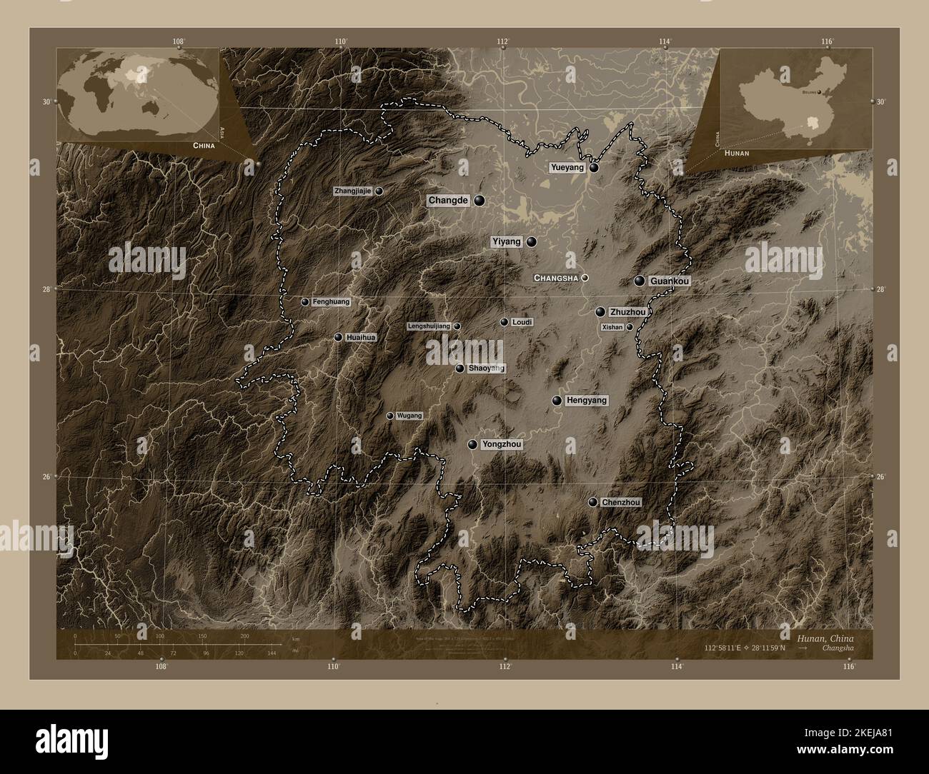 Hunan, province of China. Elevation map colored in sepia tones with ...