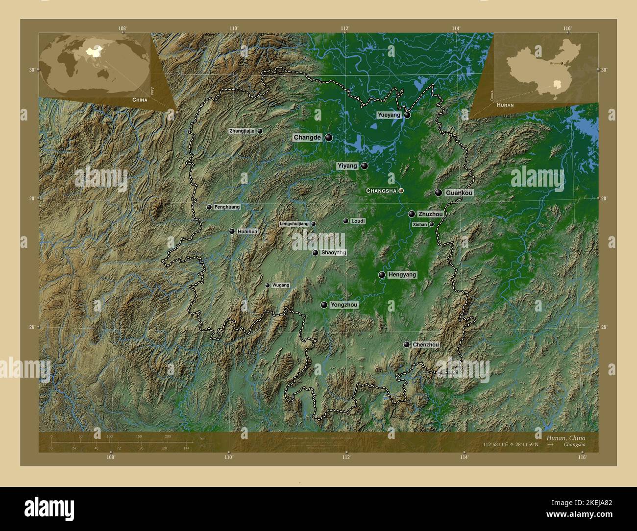 Hunan, province of China. Colored elevation map with lakes and rivers ...