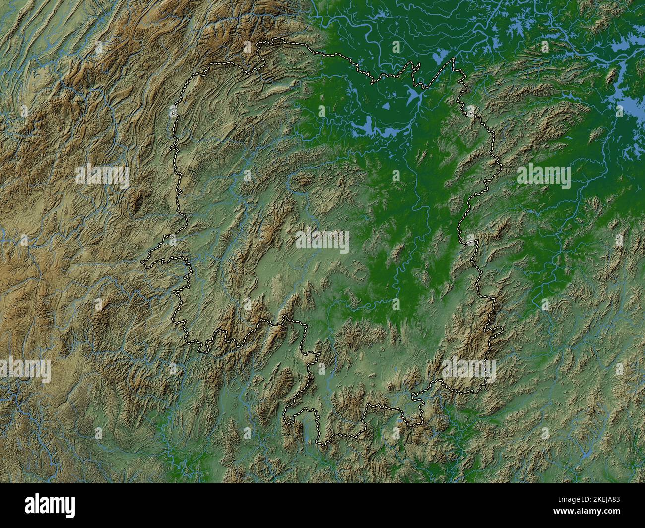 Hunan, province of China. Colored elevation map with lakes and rivers ...