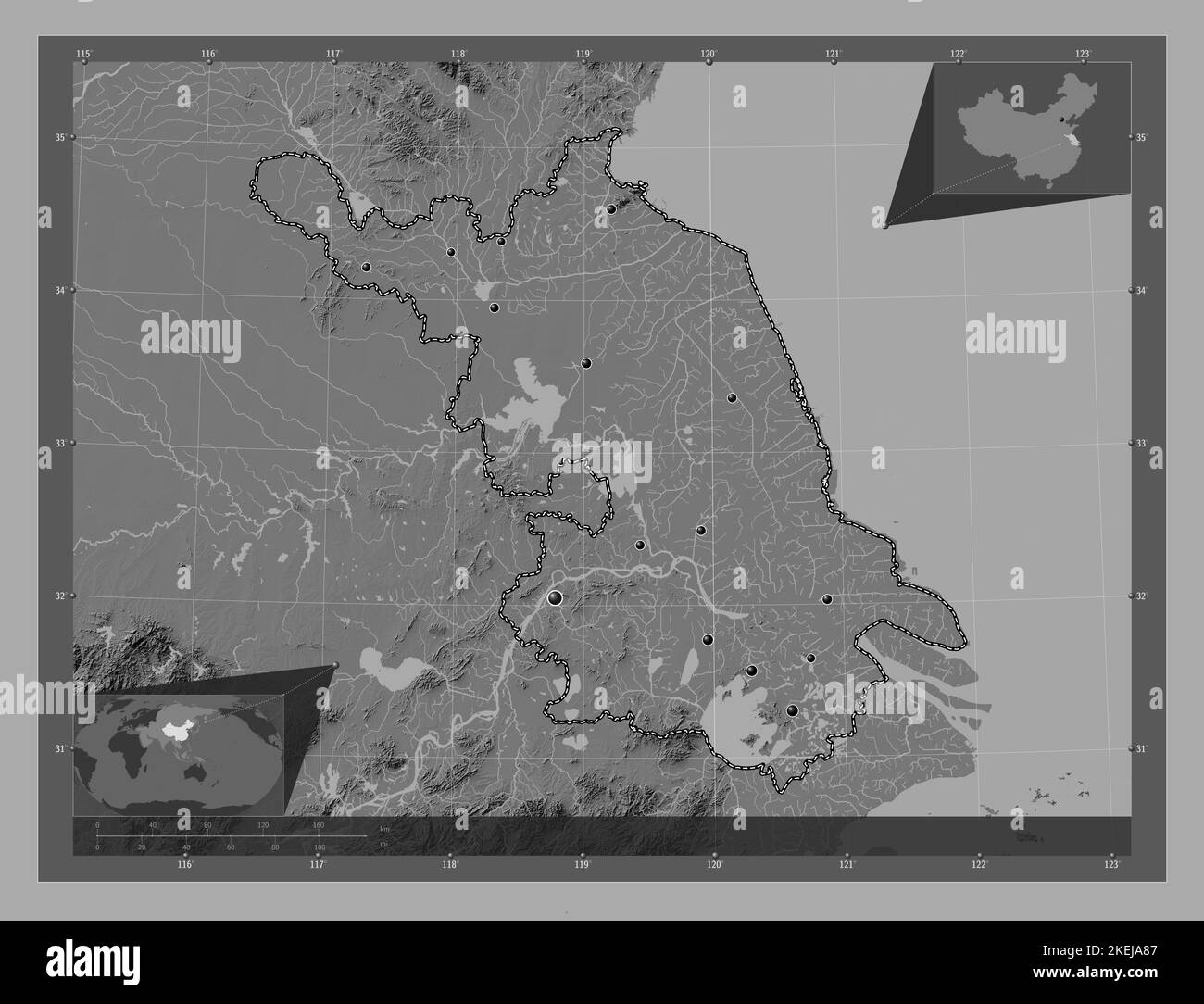 Jiangsu, province of China. Bilevel elevation map with lakes and rivers ...