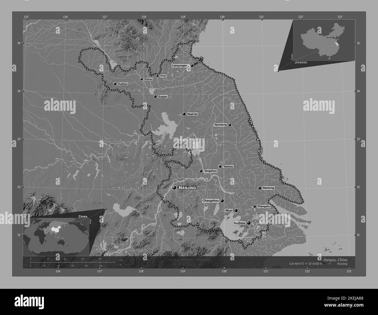 Jiangsu, province of China. Bilevel elevation map with lakes and rivers ...
