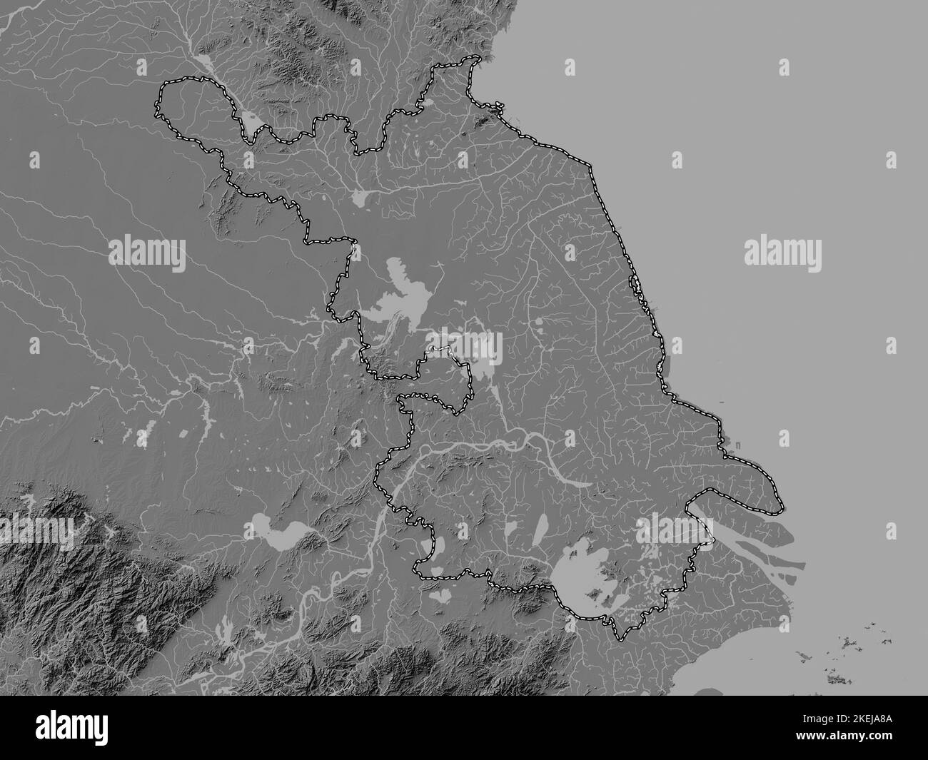 Jiangsu, province of China. Bilevel elevation map with lakes and rivers ...