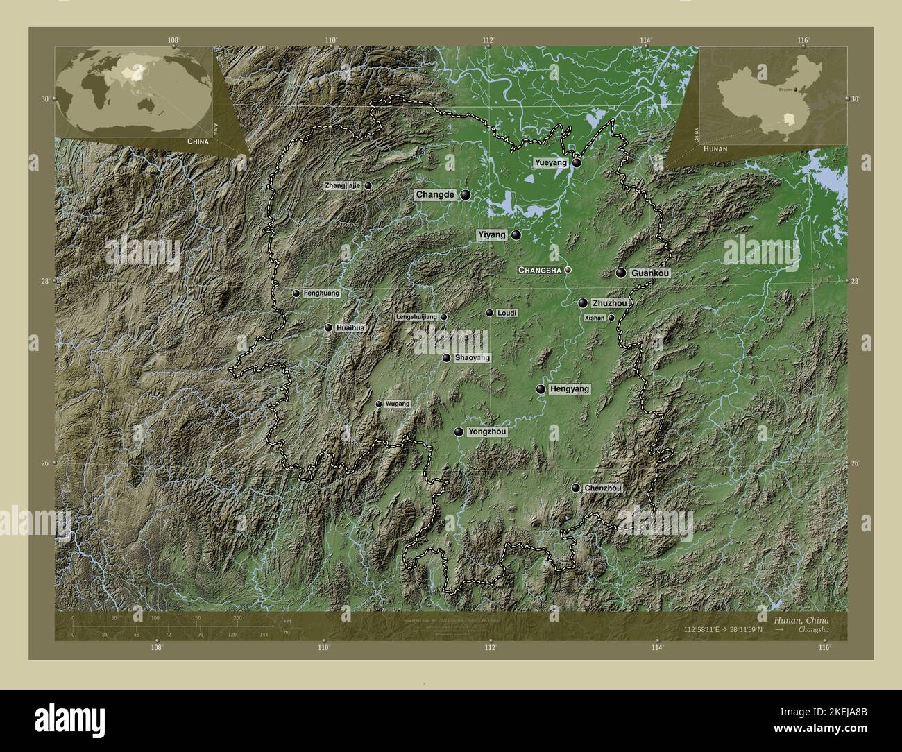 Hunan, province of China. Elevation map colored in wiki style with ...