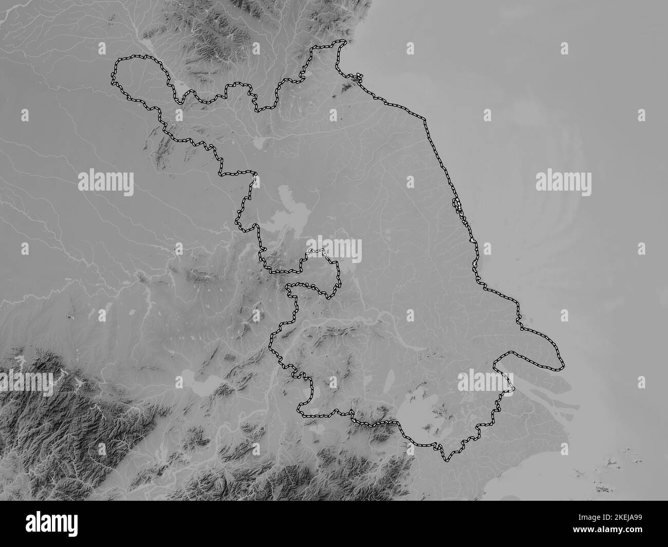 Jiangsu, province of China. Grayscale elevation map with lakes and ...