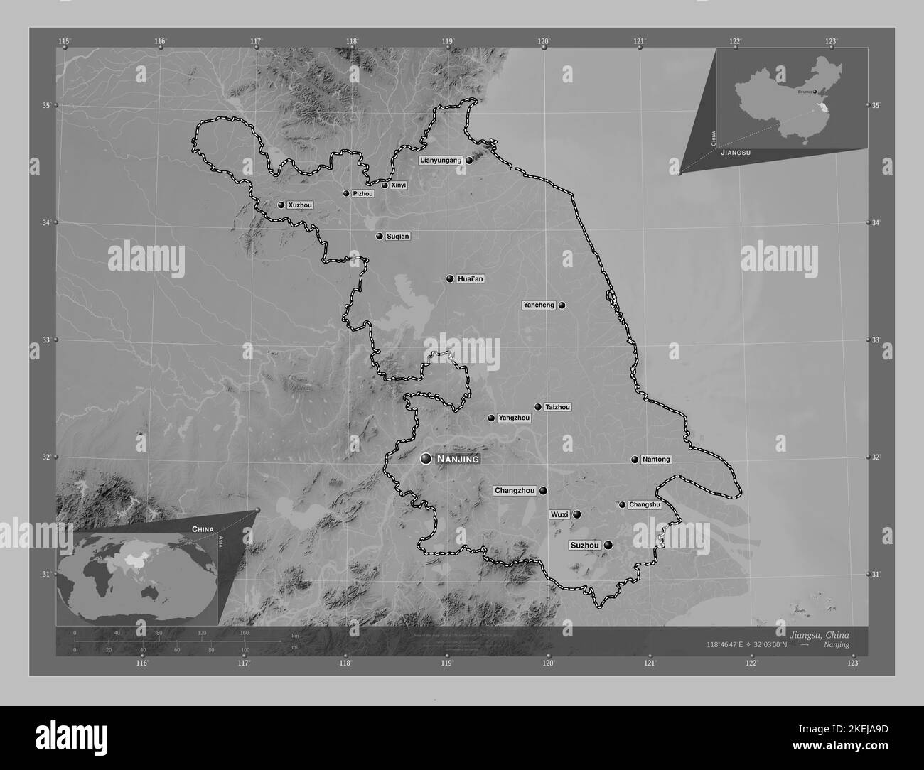 Jiangsu, province of China. Grayscale elevation map with lakes and ...