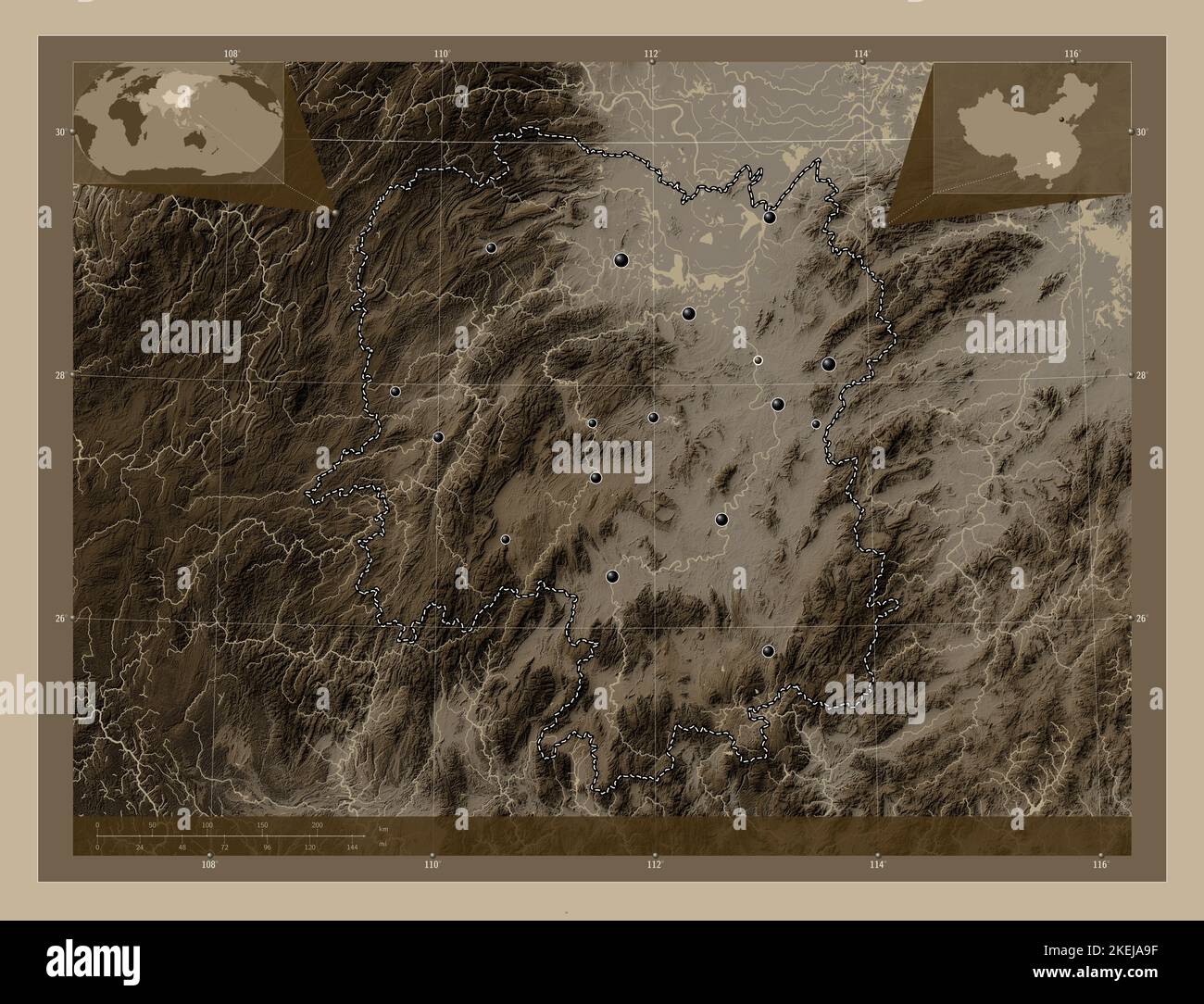 Hunan, province of China. Elevation map colored in sepia tones with ...