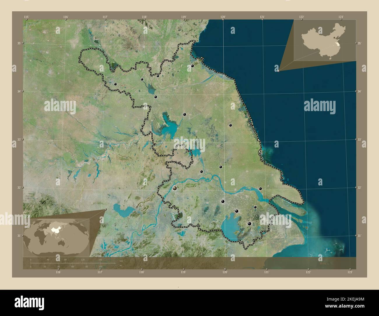 Jiangsu, province of China. High resolution satellite map. Locations of ...