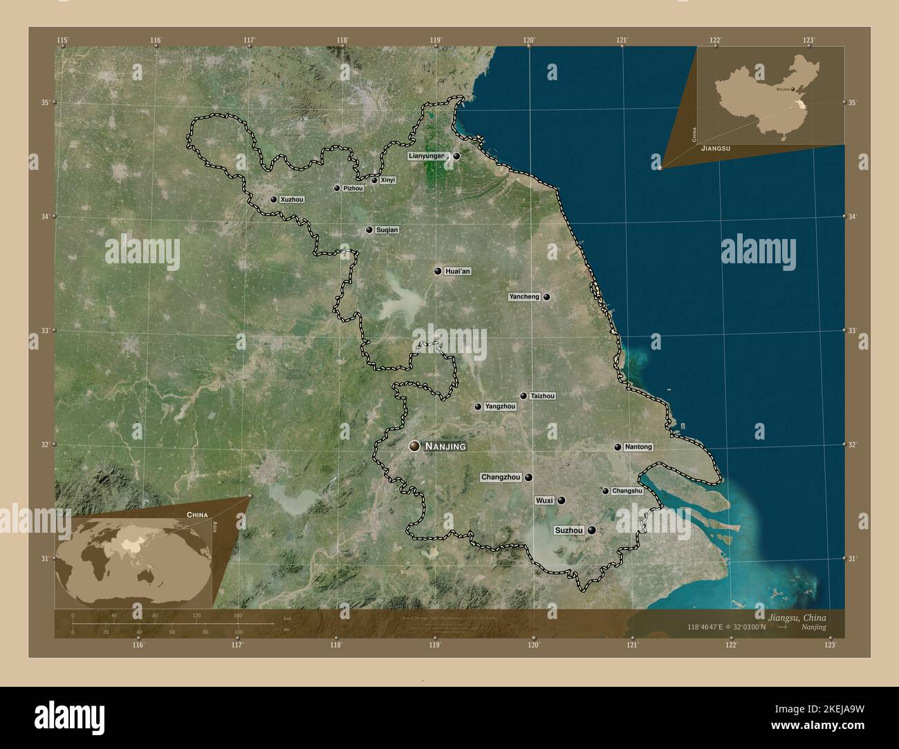 Jiangsu, province of China. Low resolution satellite map. Locations and ...