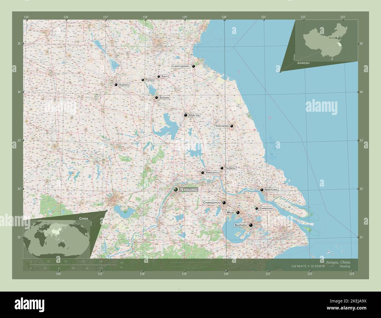 Jiangsu, province of China. Open Street Map. Locations and names of ...