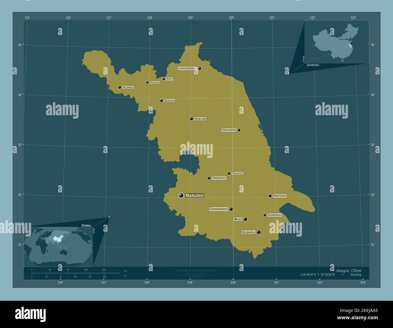 Jiangsu, province of China. Solid color shape. Locations and names of ...