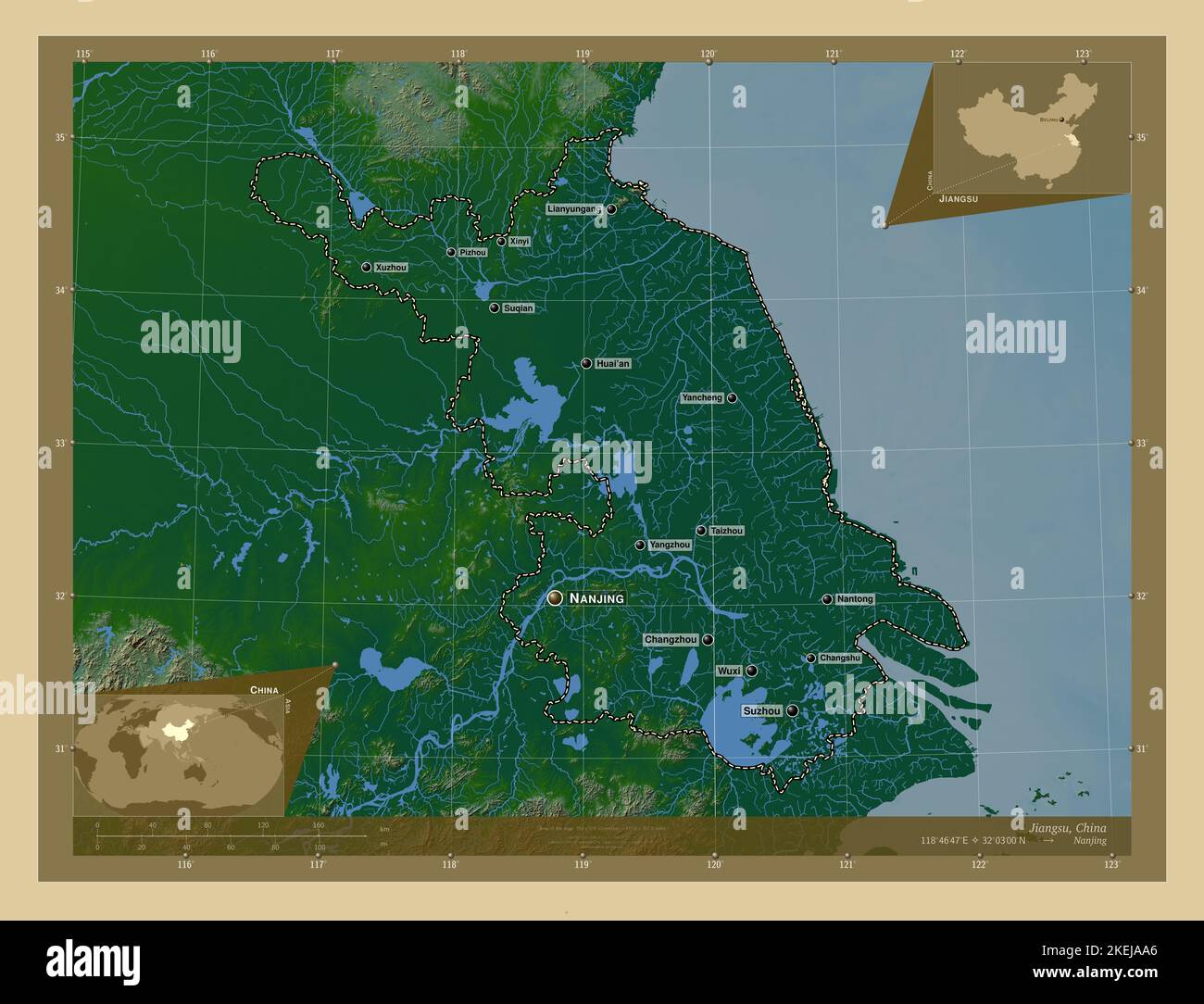 Jiangsu, province of China. Colored elevation map with lakes and rivers ...