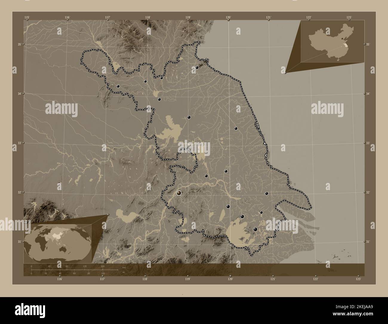 Jiangsu, province of China. Elevation map colored in sepia tones with ...