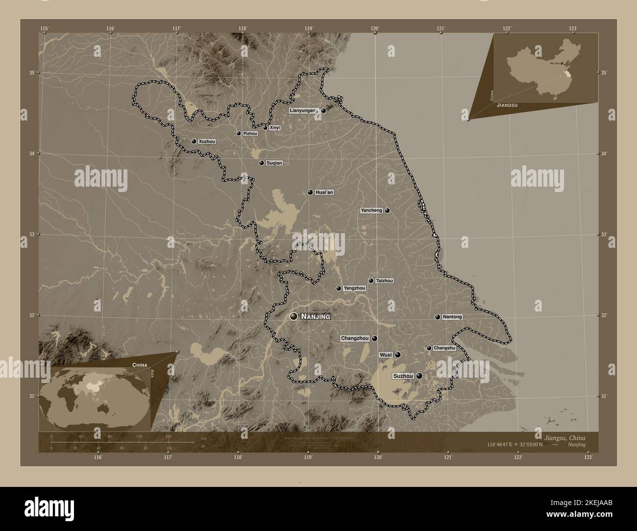 Jiangsu, province of China. Elevation map colored in sepia tones with ...