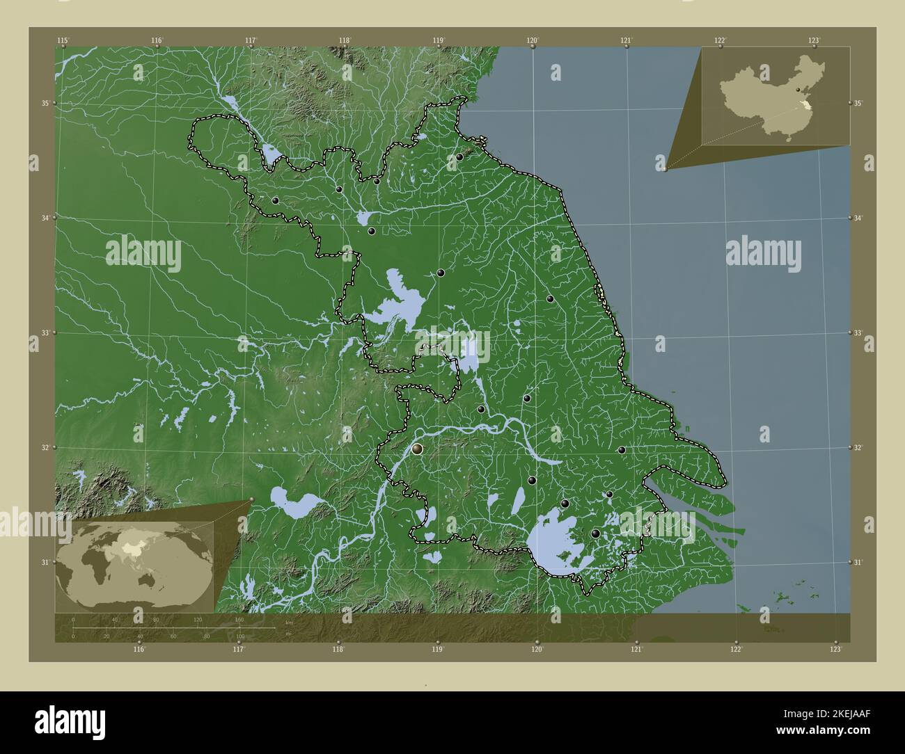 Jiangsu, province of China. Elevation map colored in wiki style with ...