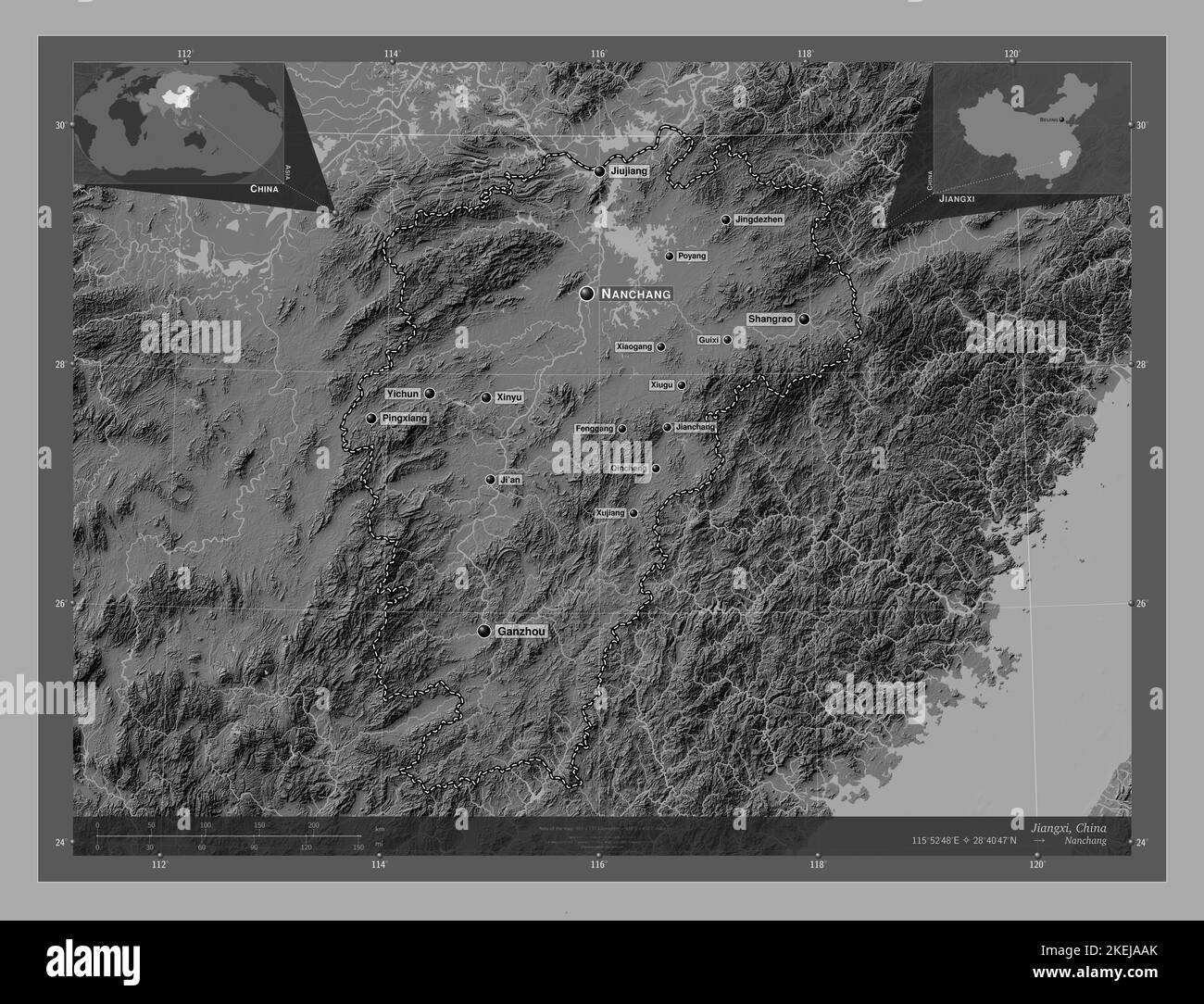 Jiangxi, province of China. Bilevel elevation map with lakes and rivers ...
