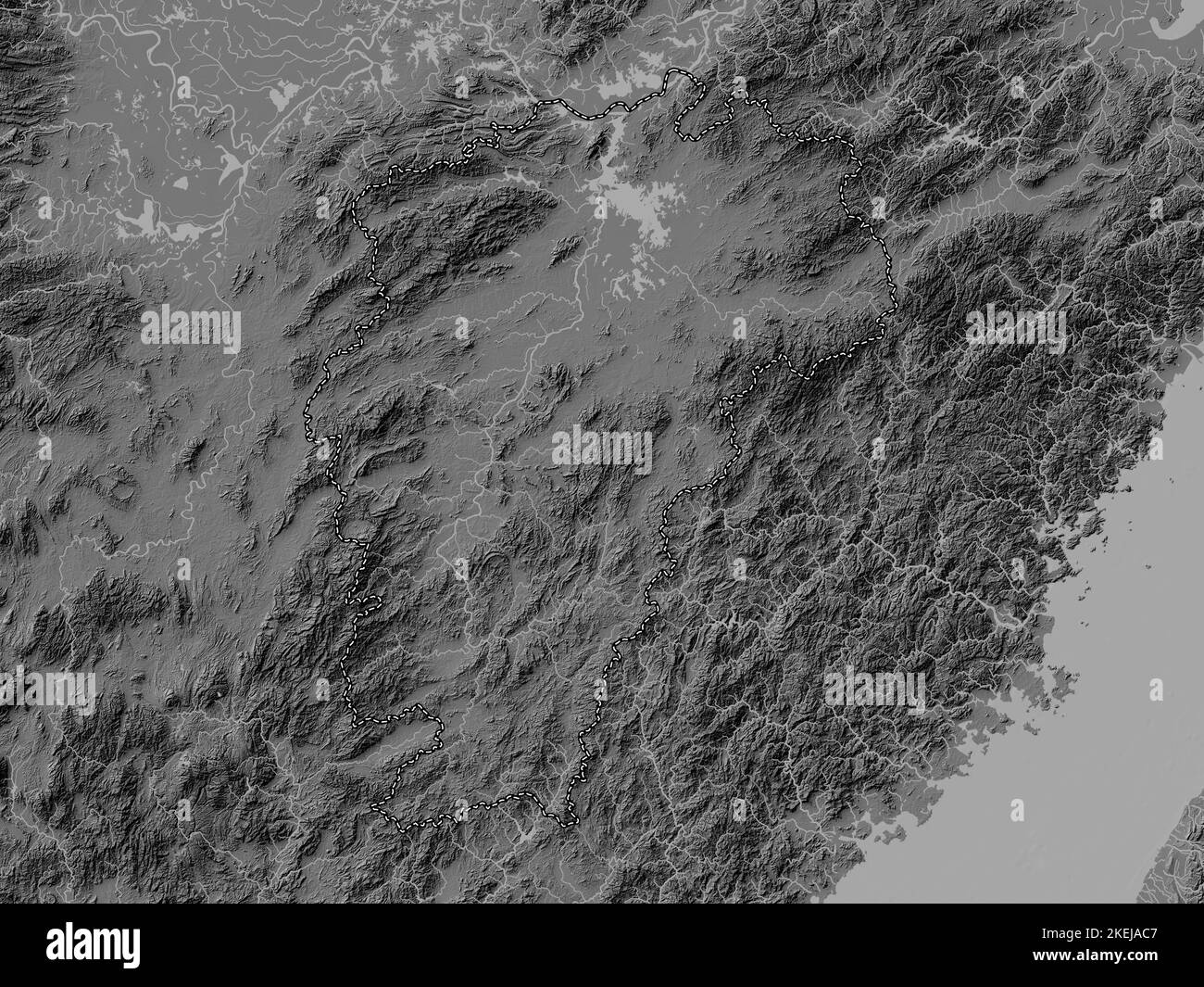 Jiangxi, province of China. Bilevel elevation map with lakes and rivers ...