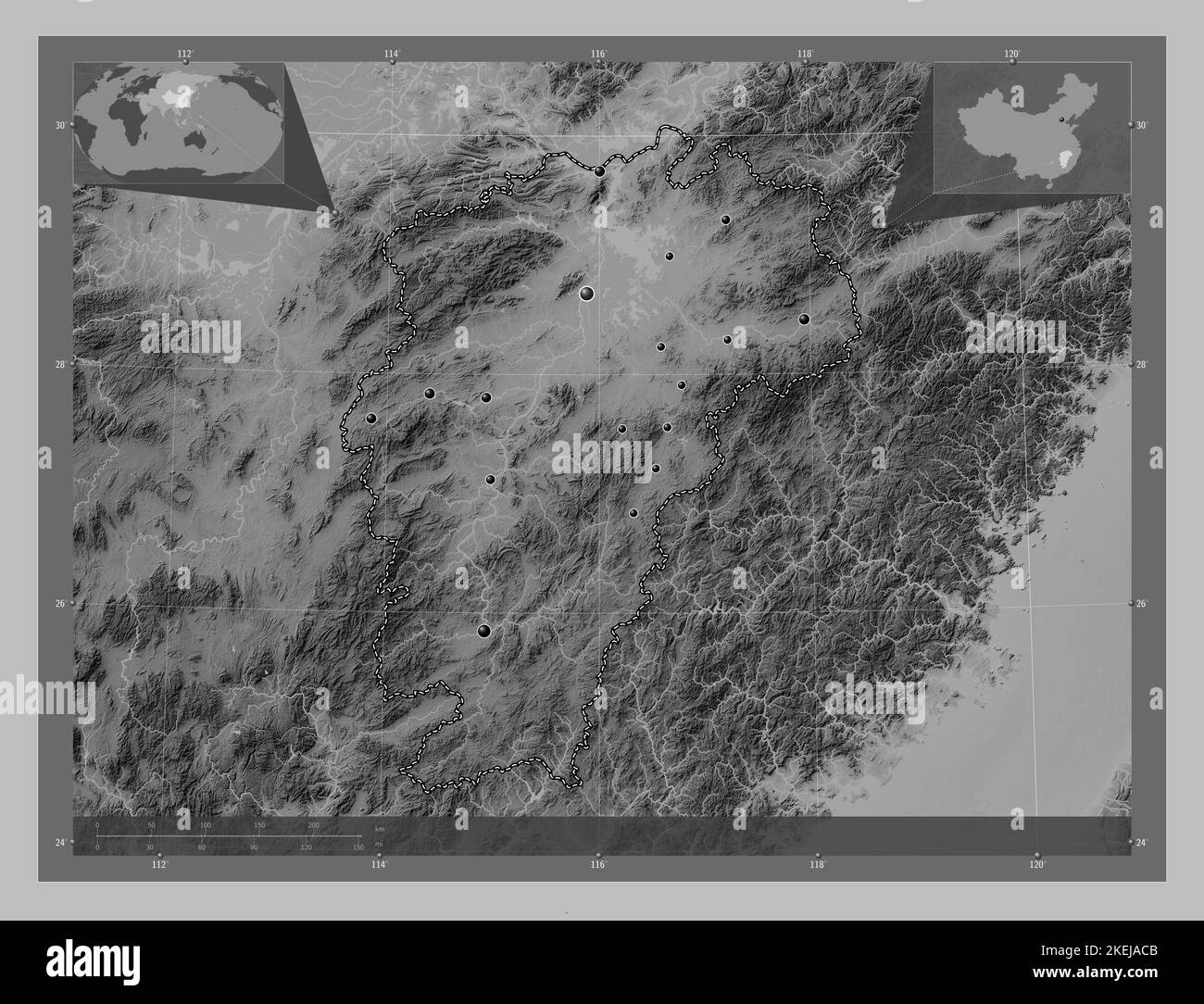 Jiangxi, province of China. Grayscale elevation map with lakes and ...