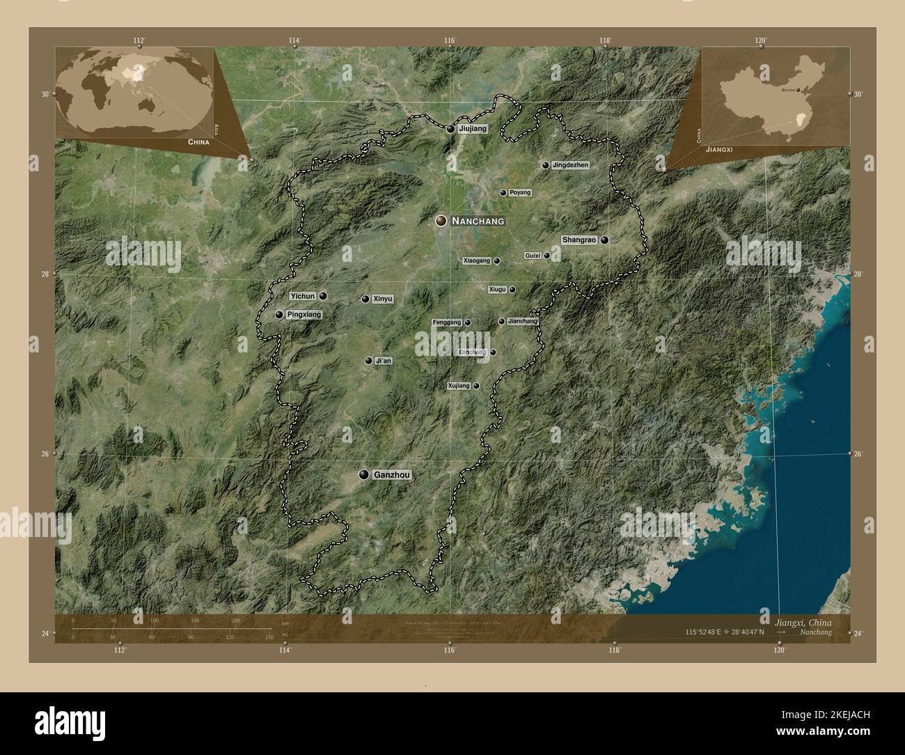 Jiangxi, province of China. Low resolution satellite map. Locations and ...