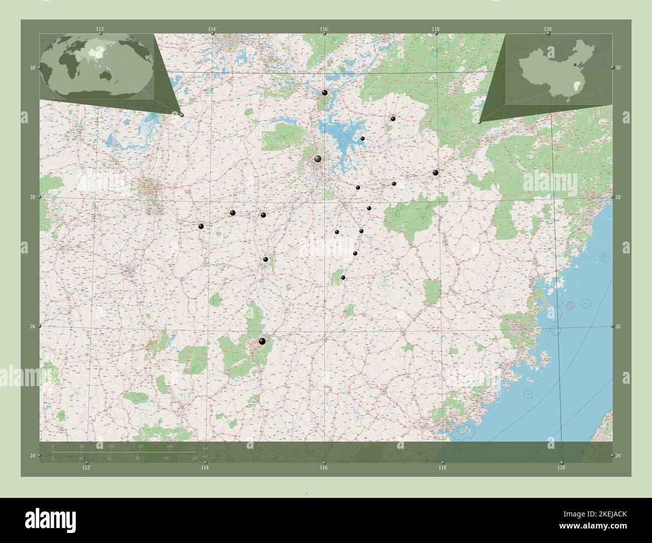 Jiangxi, province of China. Open Street Map. Locations of major cities ...