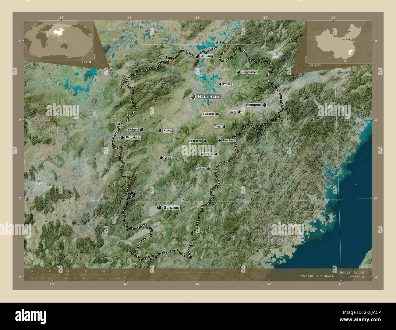 Jiangxi, province of China. High resolution satellite map. Locations ...