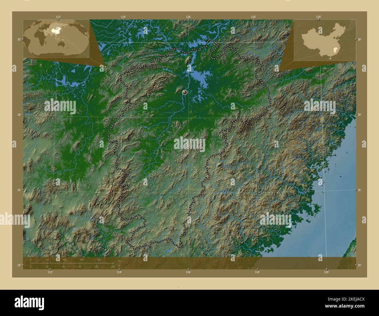 Jiangxi, province of China. Colored elevation map with lakes and rivers ...