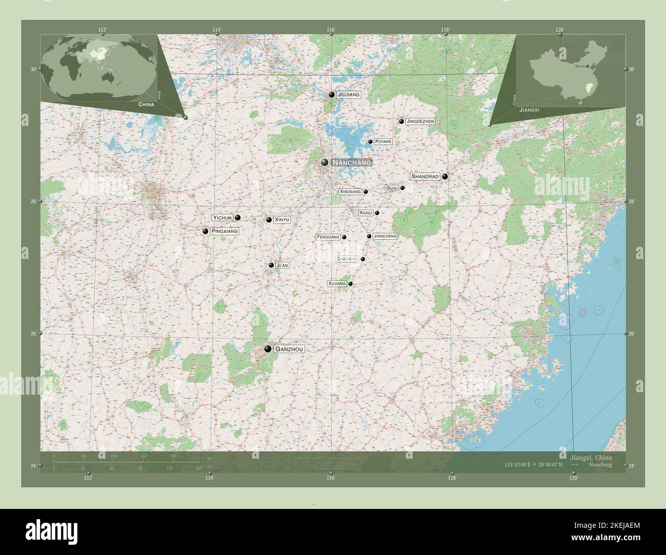 Jiangxi, province of China. Open Street Map. Locations and names of ...
