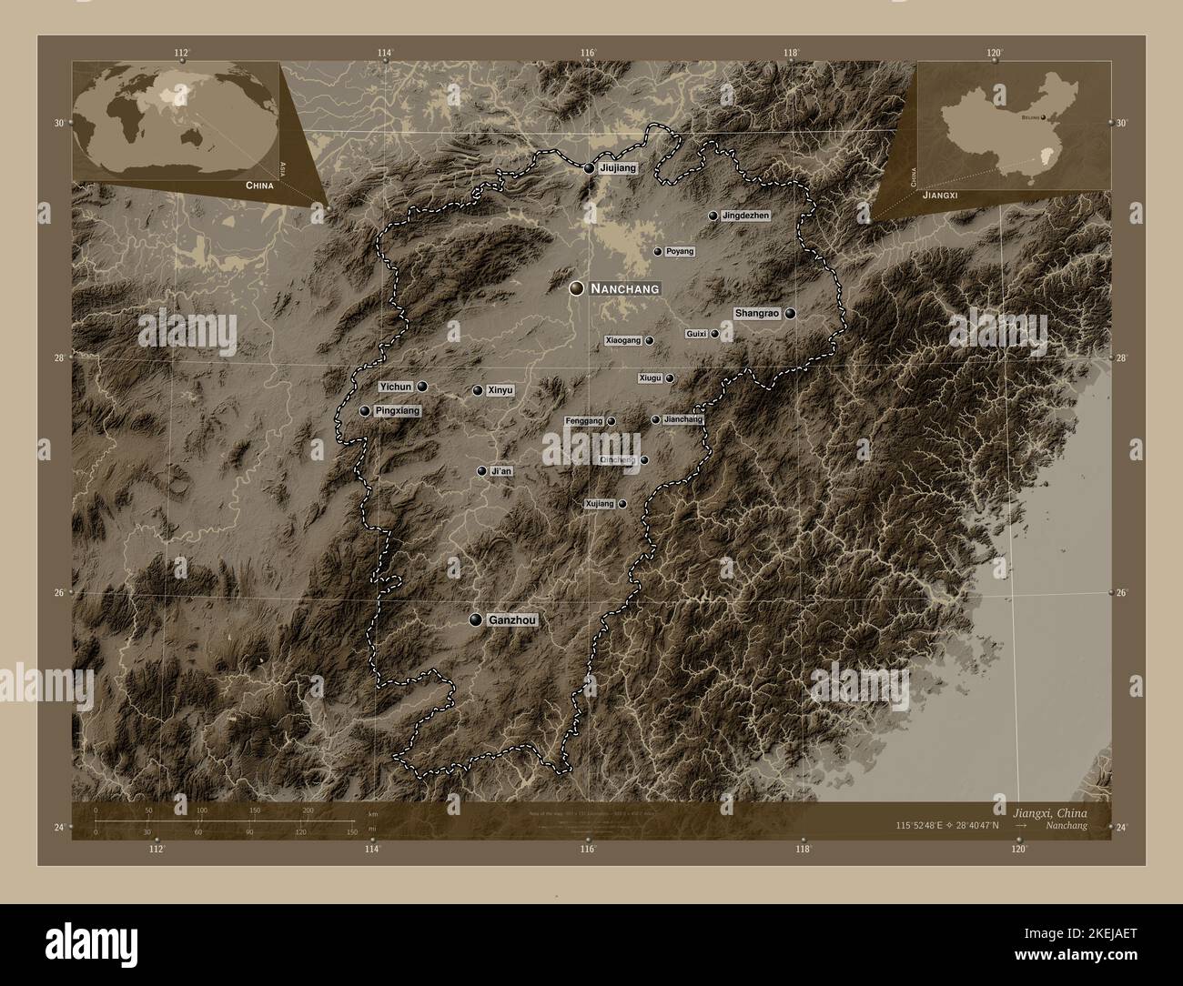 Jiangxi, province of China. Elevation map colored in sepia tones with ...
