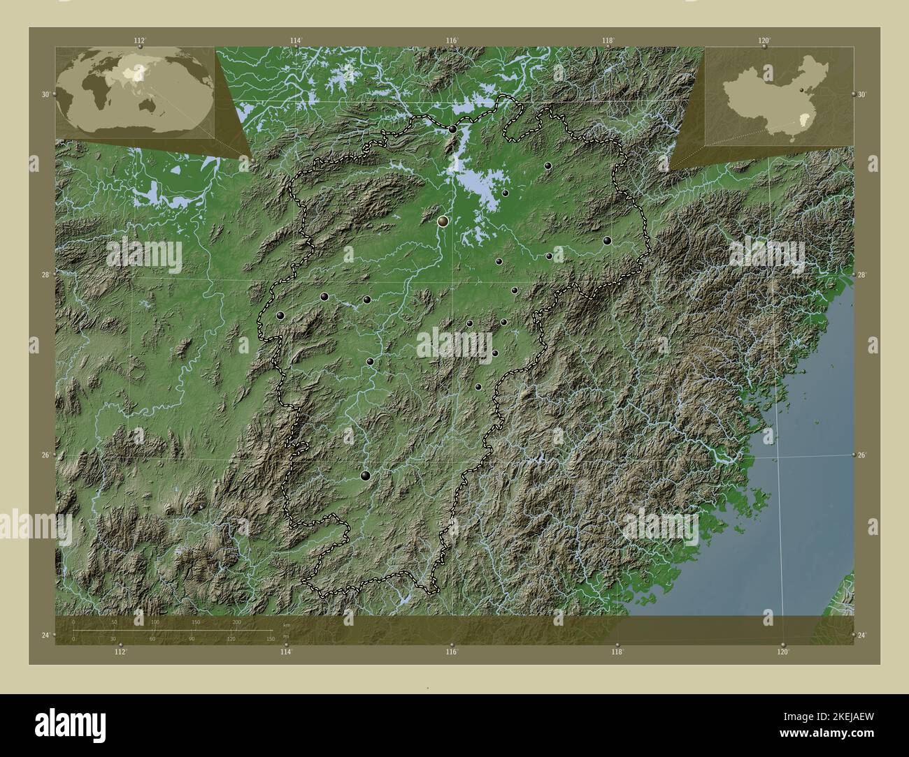Jiangxi, province of China. Elevation map colored in wiki style with ...