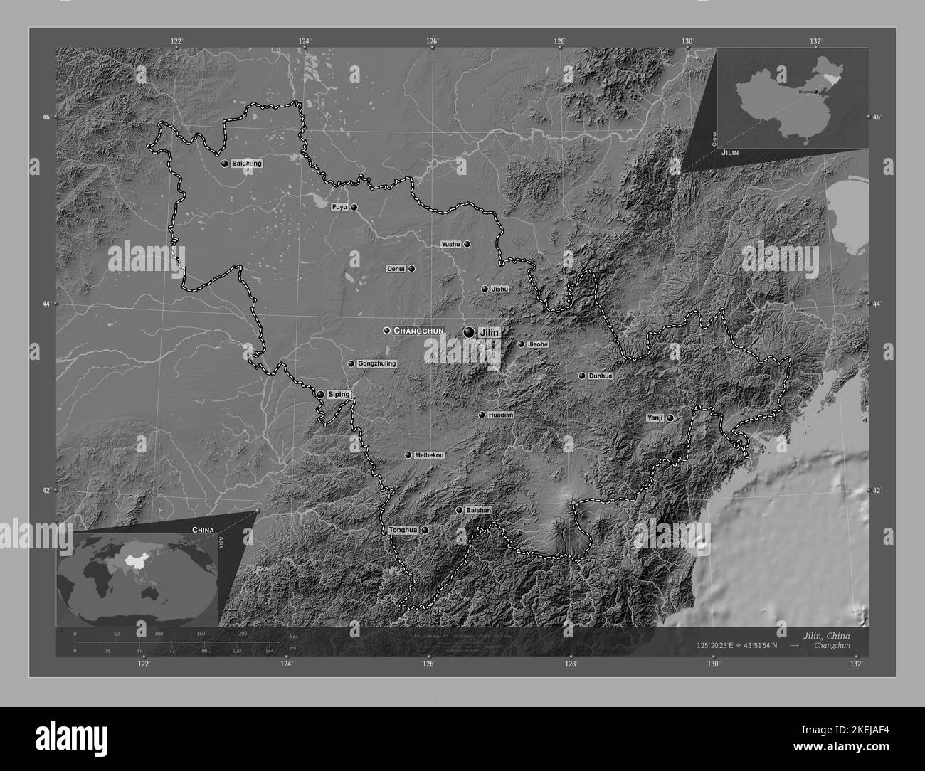 Jilin, province of China. Bilevel elevation map with lakes and rivers ...