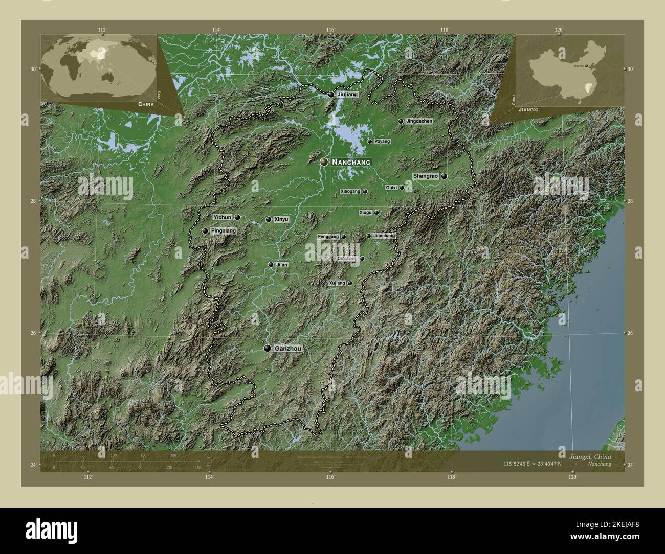 Jiangxi, province of China. Elevation map colored in wiki style with ...