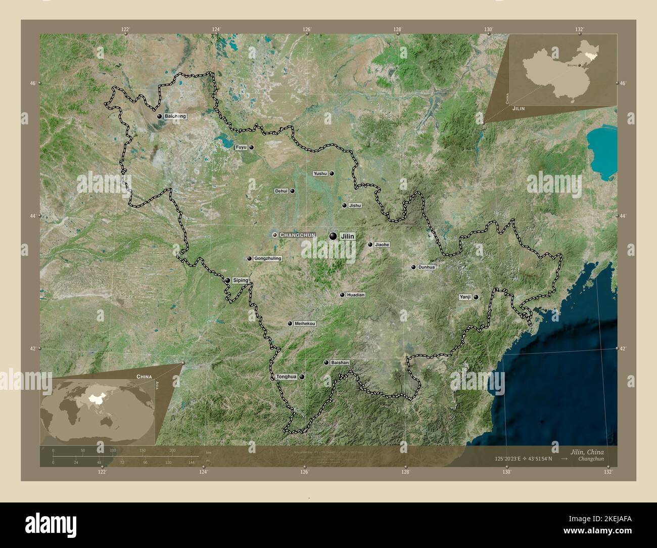 Jilin, province of China. High resolution satellite map. Locations and ...