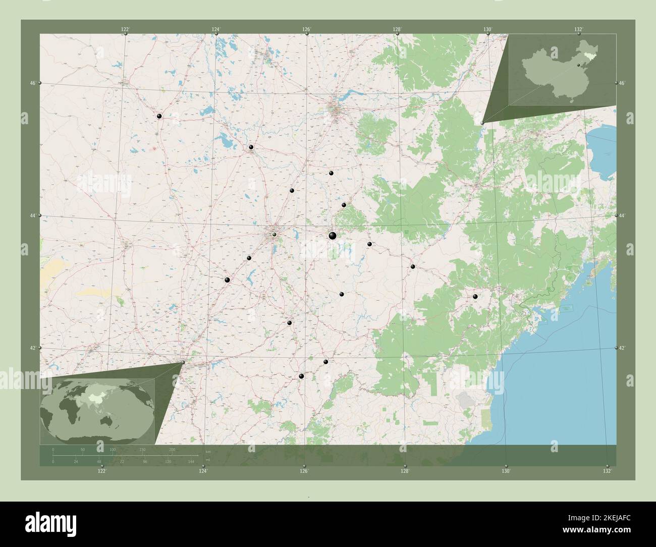 Jilin, province of China. Open Street Map. Locations of major cities of ...