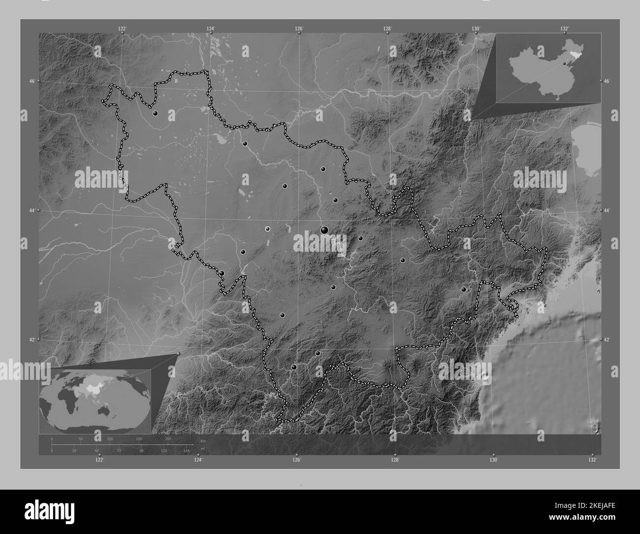 Jilin, province of China. Grayscale elevation map with lakes and rivers ...