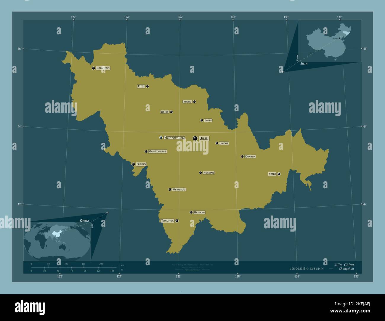 Jilin, province of China. Solid color shape. Locations and names of ...