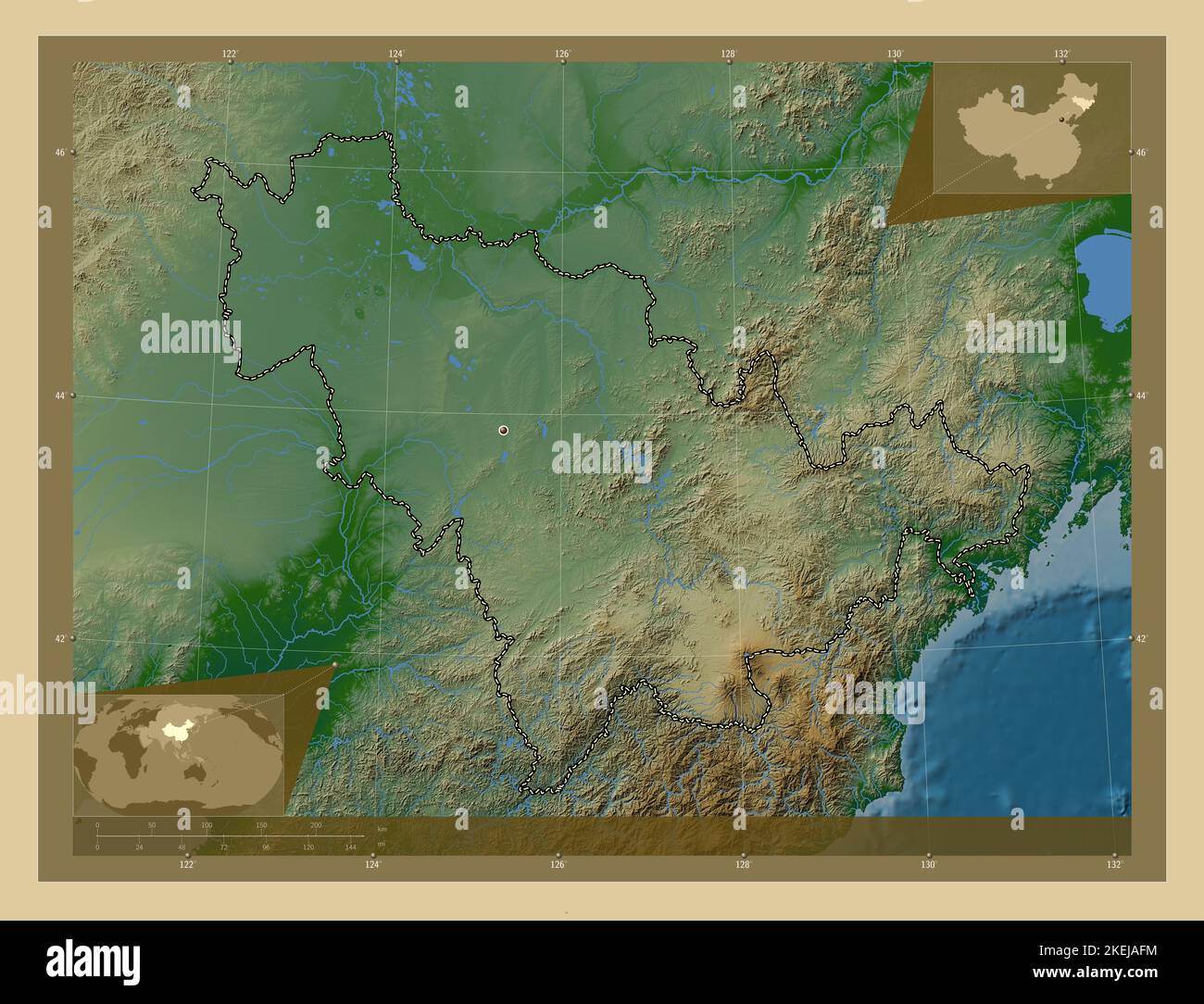 Jilin, province of China. Colored elevation map with lakes and rivers ...