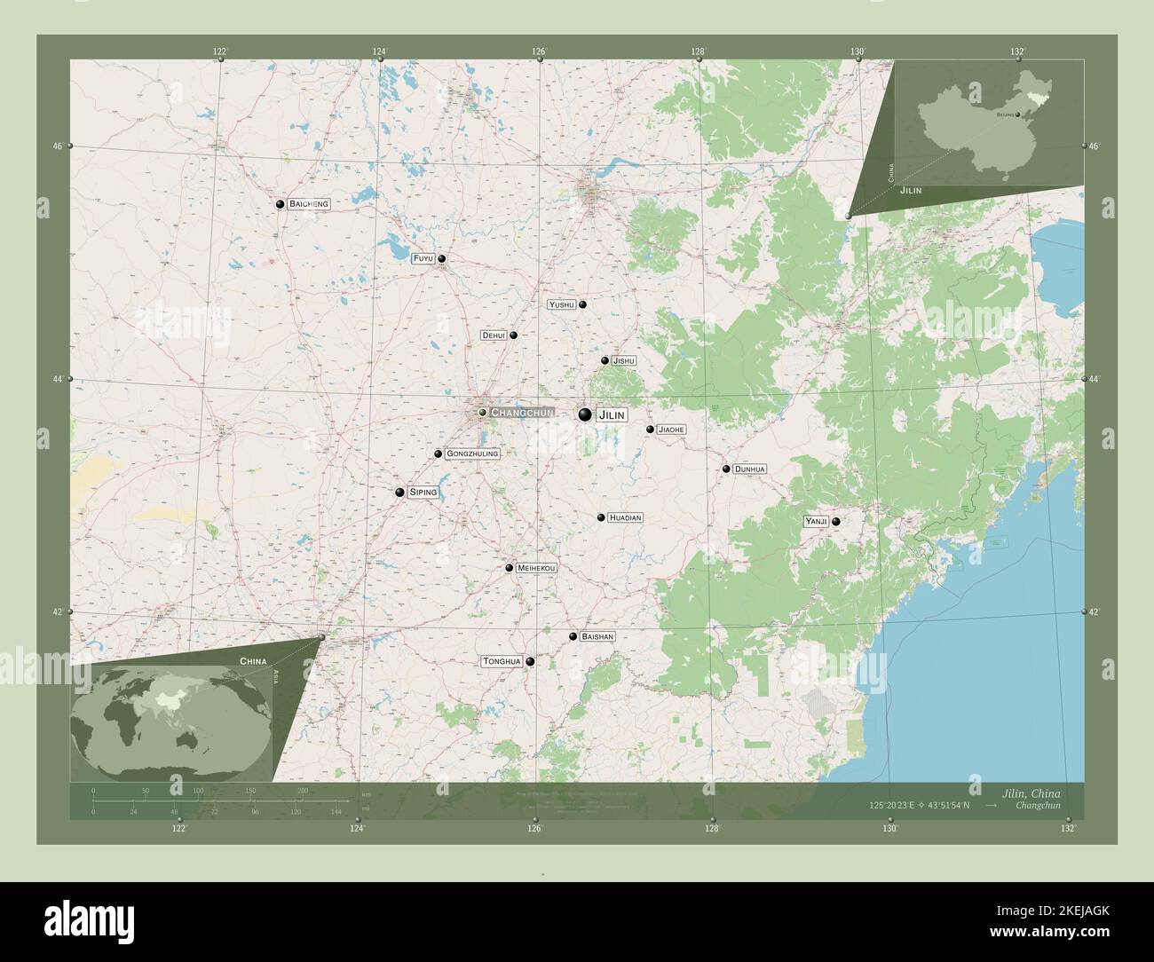 Jilin, province of China. Open Street Map. Locations and names of major ...