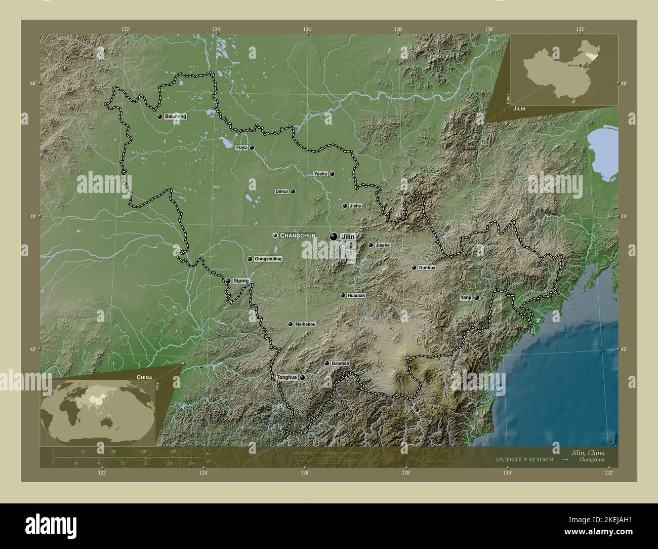 Jilin, province of China. Elevation map colored in wiki style with ...